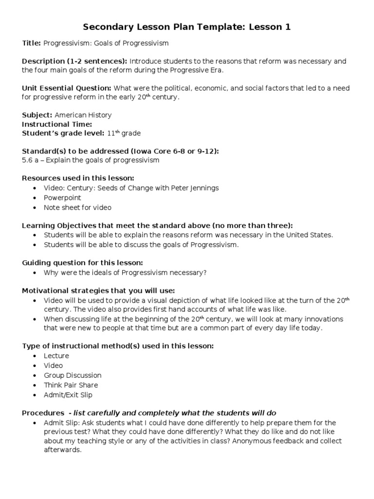 Progressive Era and World War I Lesson Plans | PDF | Lesson Plan ...