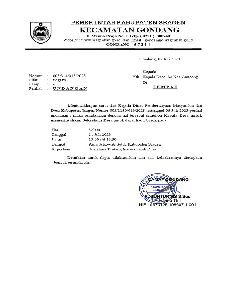 Tinjut Undangan Sosialisasi Musdes Di PMD | PDF