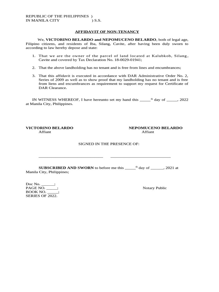 AFFIDAVIT OF NON TENANCY Belardo | PDF