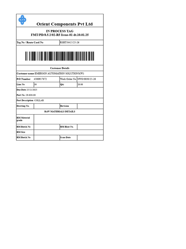 Orient In-Process Tag | PDF