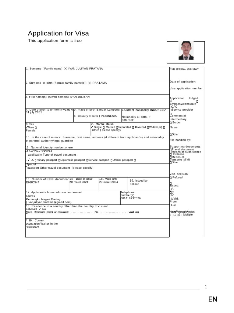 Form Visa Bulgaria Ivan Juliyan Pratama | PDF | Travel Visa | Identity Document