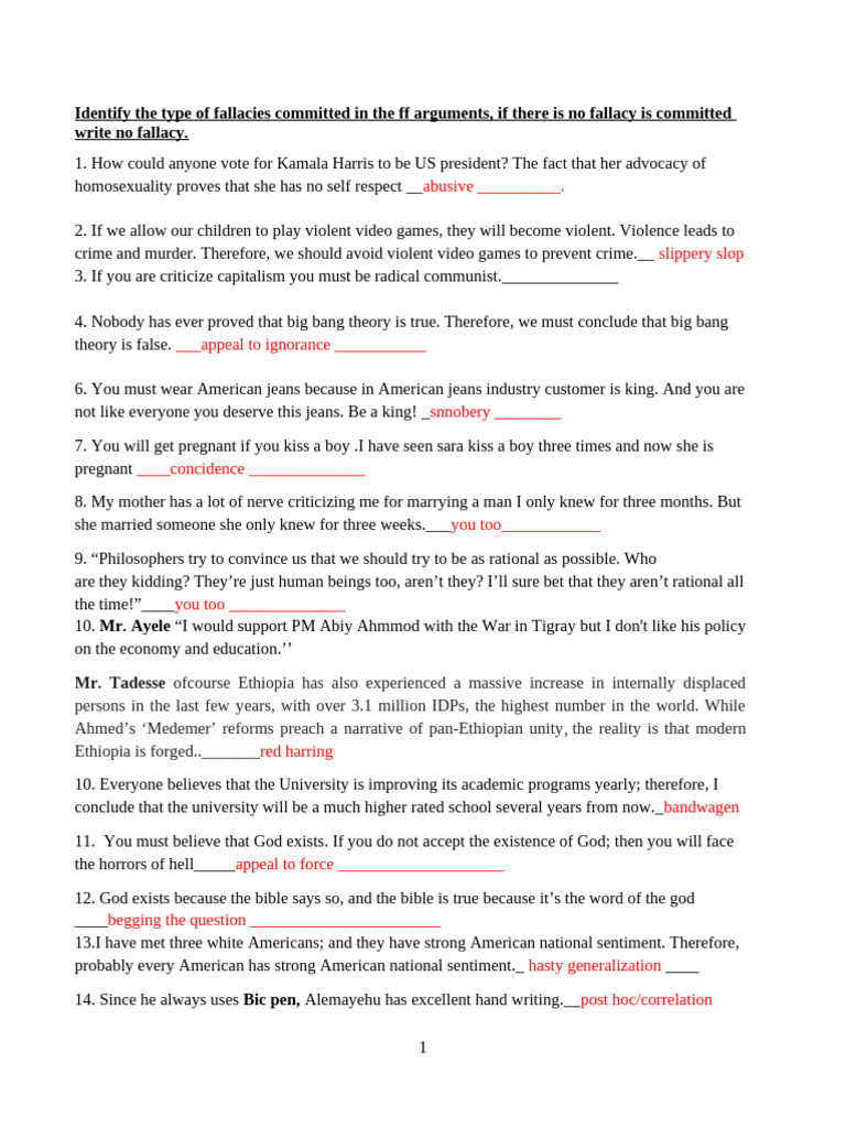 Fallacy Exercise With Answer | PDF | Fallacy | Argument