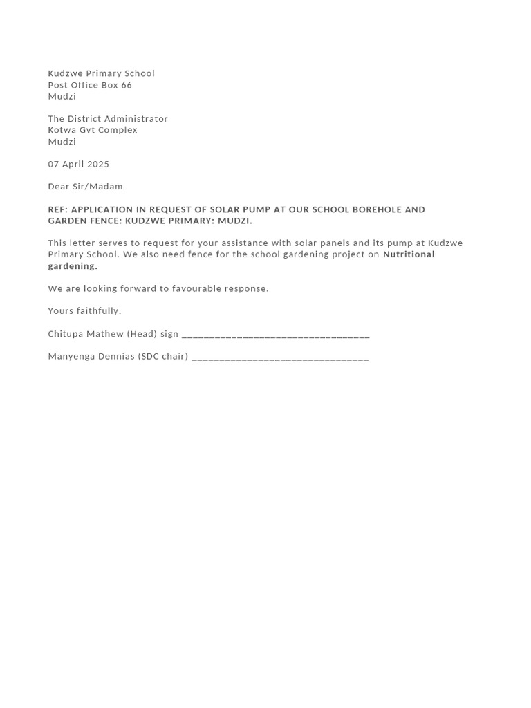 Solar Pump and Fence Request for Kudzwe School | PDF
