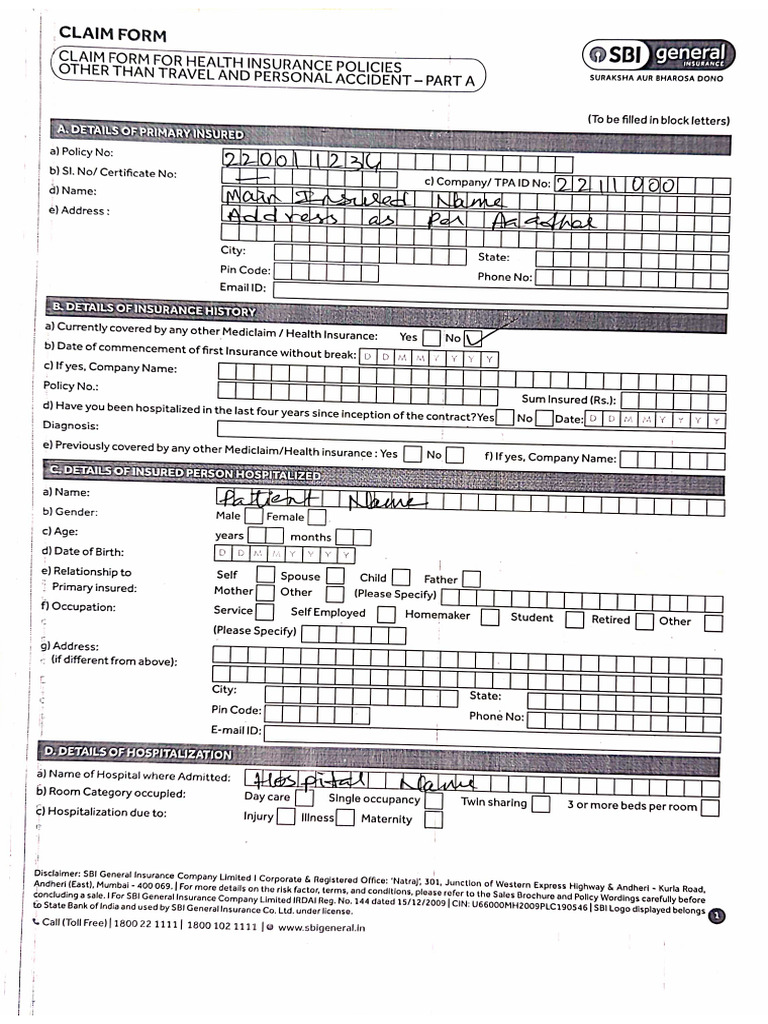 Sample SBI Claim Form | PDF