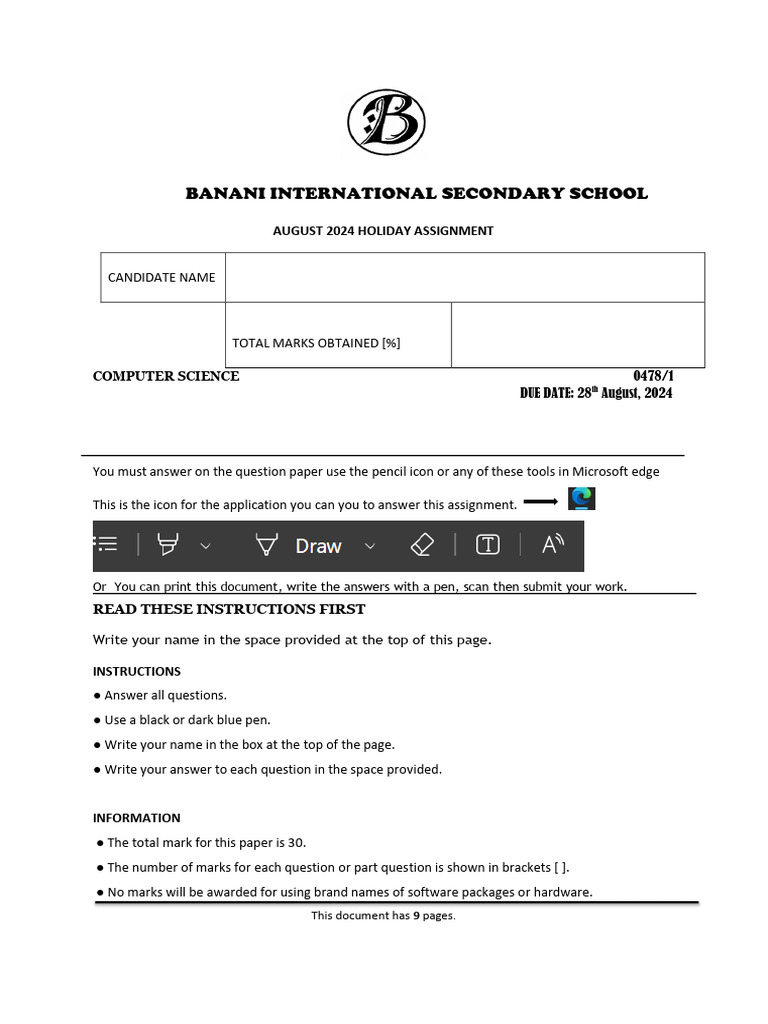 0478 Computer Science Holiday Assignment AUG 24 | PDF | Printer (Computing) | Office Equipment