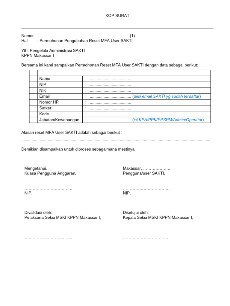 Permohonan Reset MFA User SAKTI | PDF