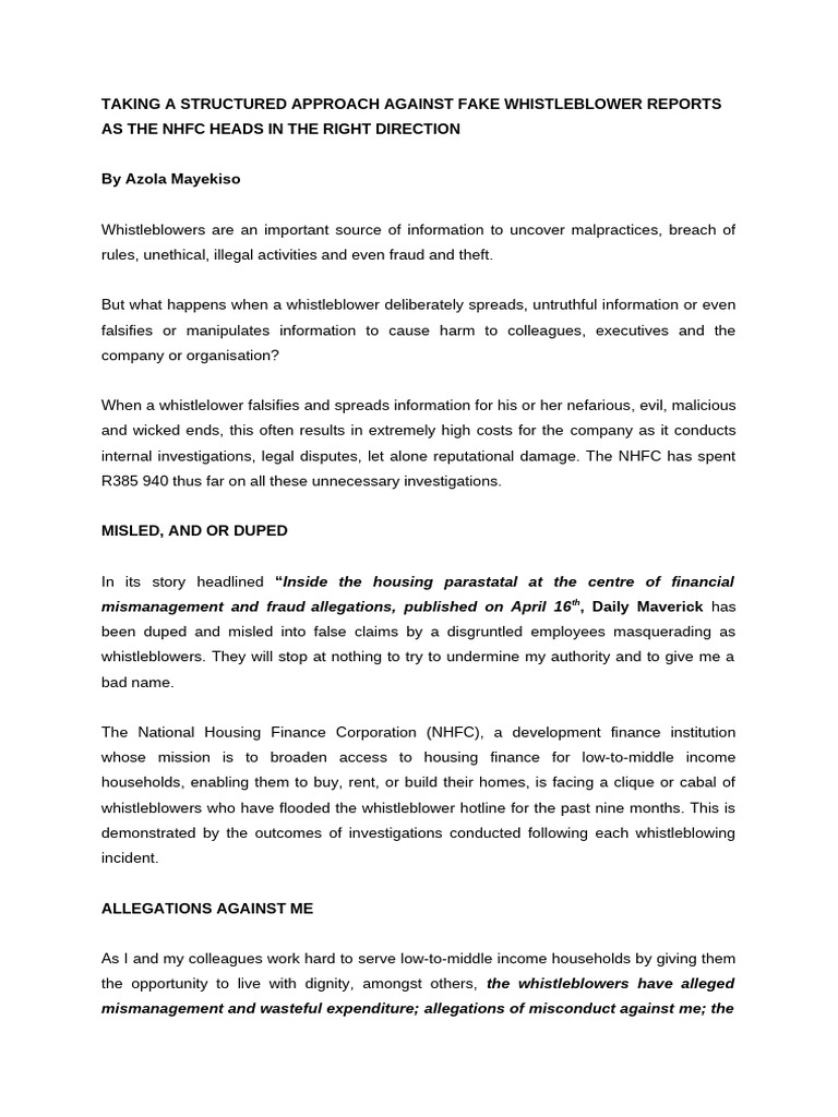 Azola Mayekiso - Right of Reply - Taking A Structured Approach Against Fake Whistleblower ...