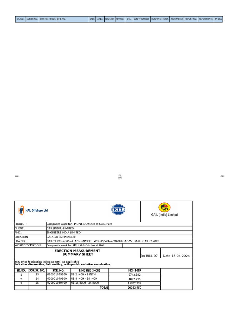 Master Sheet Pipe Erection Sheet RA-07 | PDF
