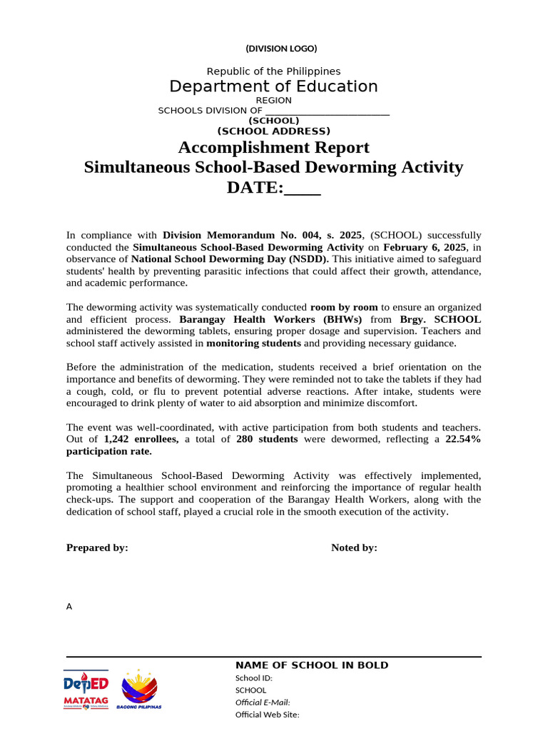 Accomplishment Report - Deworming | PDF | Health Care | Medicine