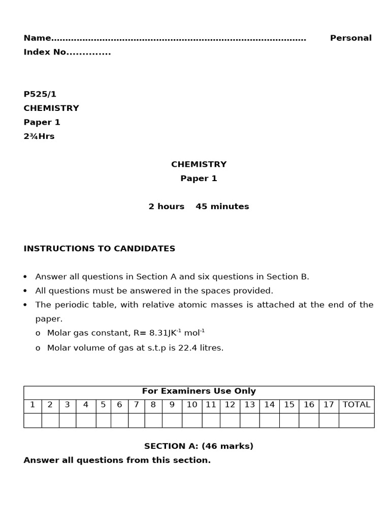 Chemistry Paper 1 Exam Instructions | PDF | Sets Of Chemical Elements ...