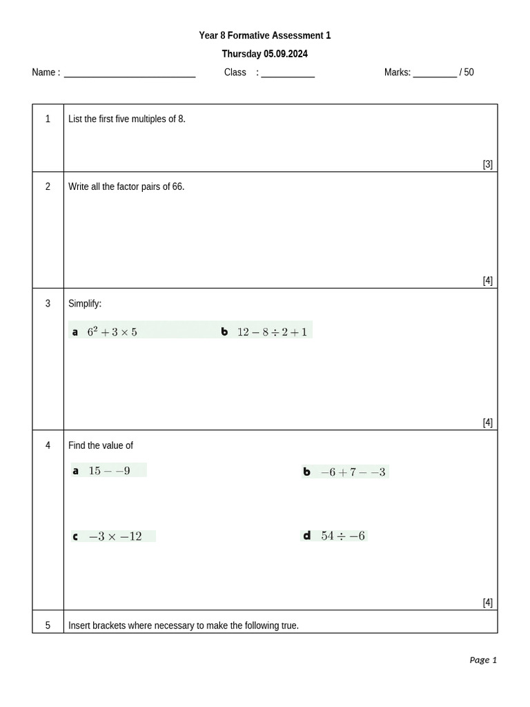 Year 8 Formative Assessment | PDF | Prime Number | Elementary Mathematics