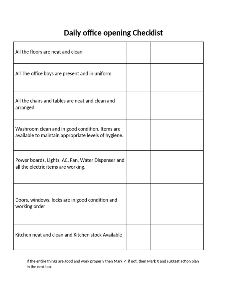 Daily Office Opening Checklist | PDF