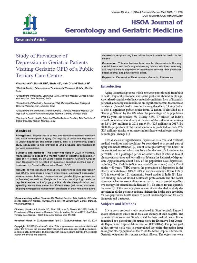 Study of Prevalence of Depression in Geriatric Patients Visiting ...