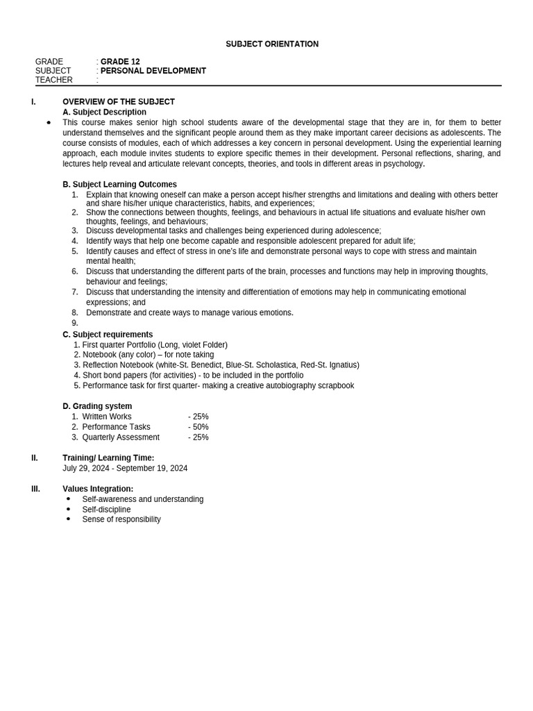 SUBJECT ORIENTATION PERDEV 12 | PDF | Thought | Feeling