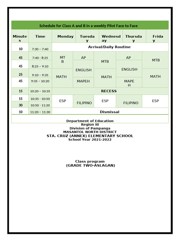 Weekly Class Schedule for Grade Two | PDF
