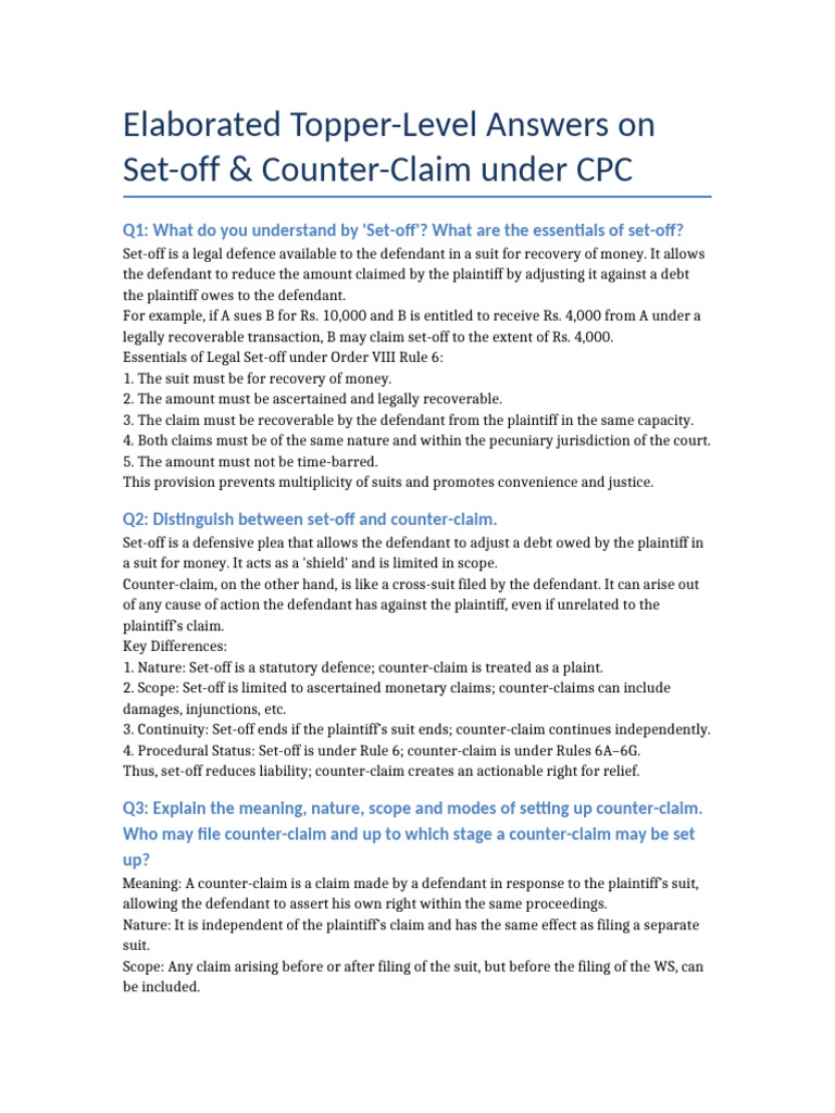 Elaborated Topper Answers Setoff Counterclaim CPC | PDF | Lawsuit ...