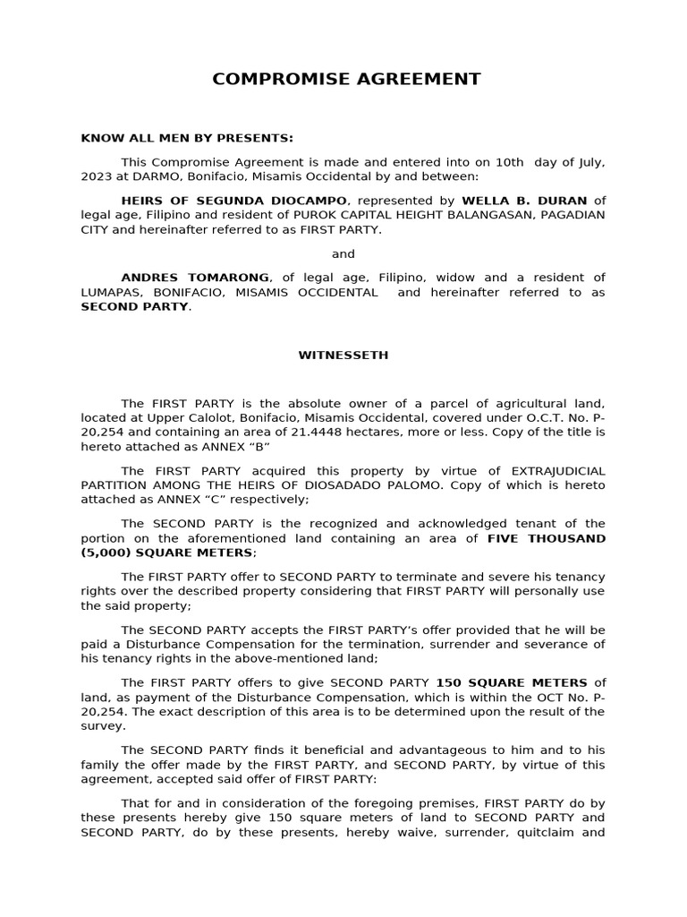 Compromise Agreement-Andres Tomarong | PDF | Property Law | Private Law