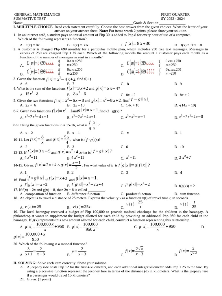 ST Gen Math Q1 Sy 23 24 | PDF | Summation | Function (Mathematics)