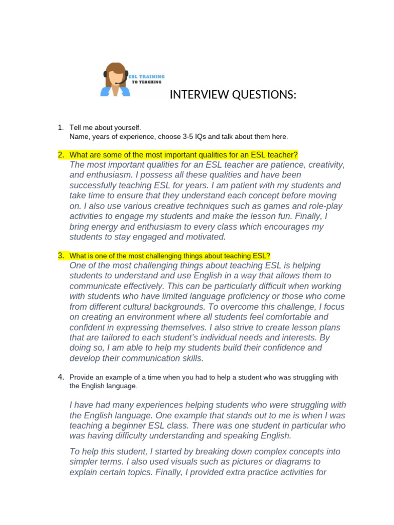 INTERVIEW QUESTIONS - ESL Traning To Teaching | PDF | English As A ...