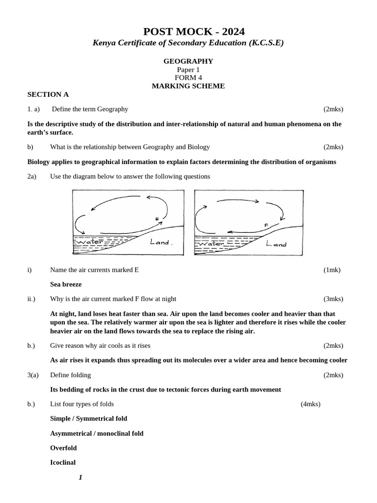 KCSE 2024 Geography Paper 1 Marking Scheme | PDF | Coast | Volcanism