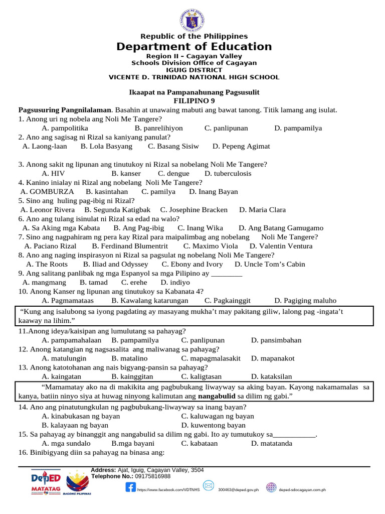 4th periodic test Filipino 9 | PDF