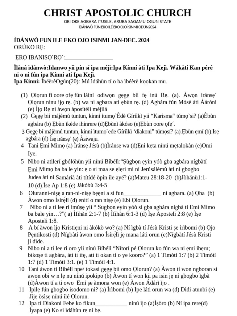 CHRIST APOSTOLIC CHURCH Exam | PDF