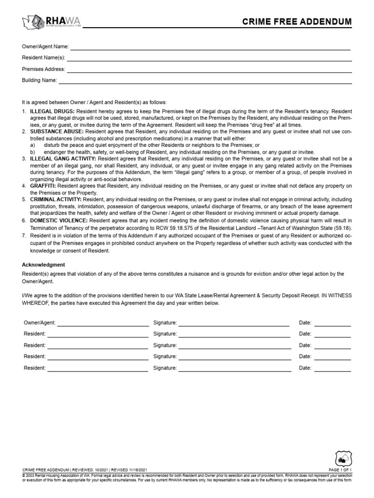 Form Crime Free Addendum | PDF | Leasehold Estate | Lease