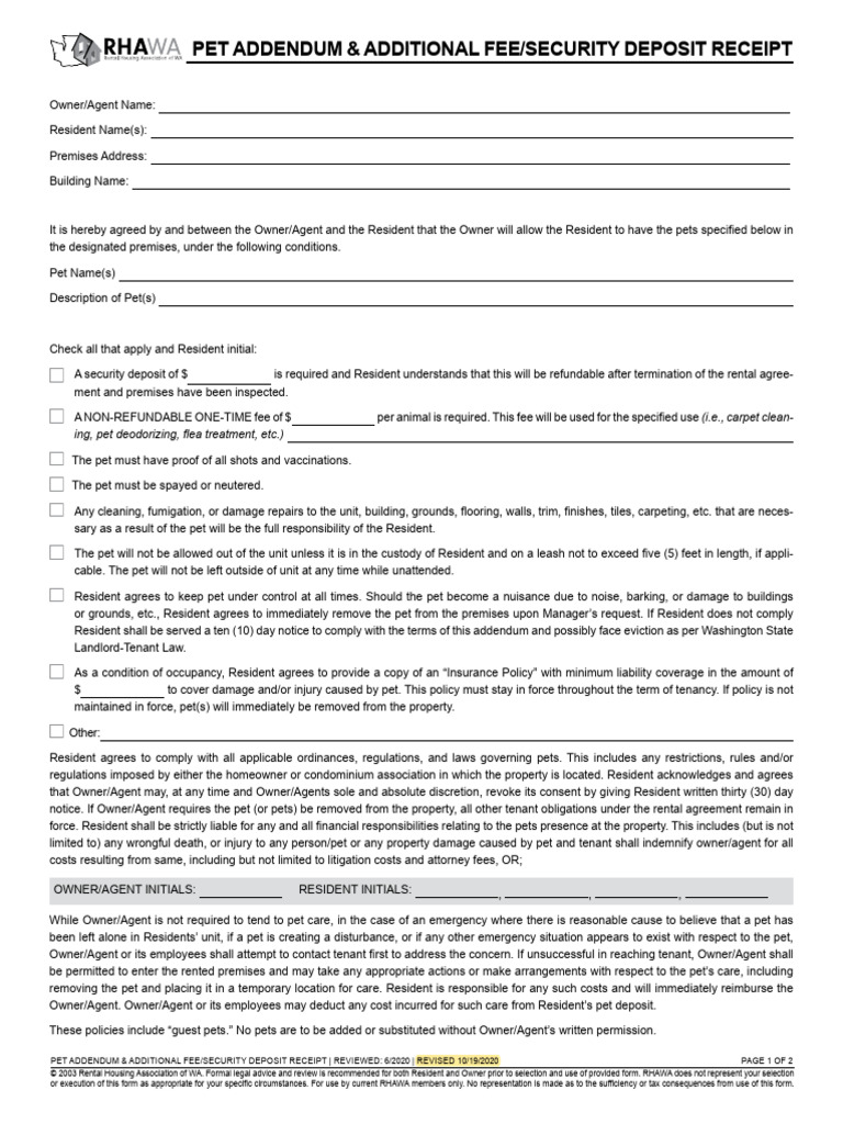 Form Pet Addendum and Additional Fee | PDF | Leasehold Estate | Lease