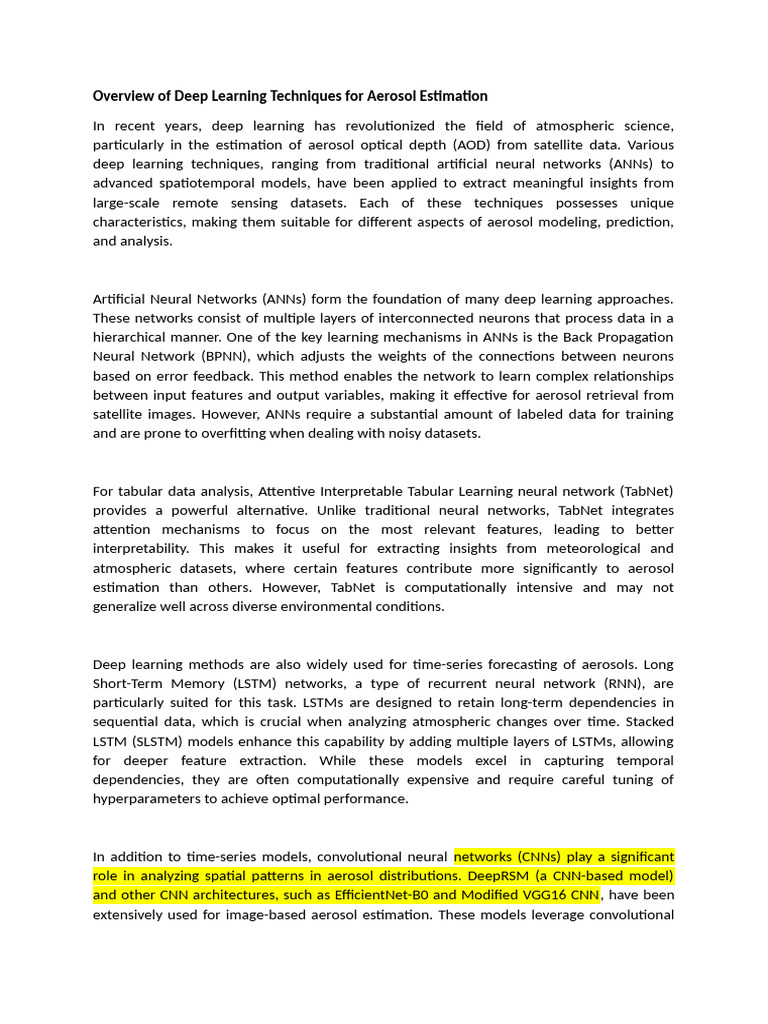 Overview of Deep Learning Techniques for Aerosol Estimation Summary | PDF | Deep Learning ...