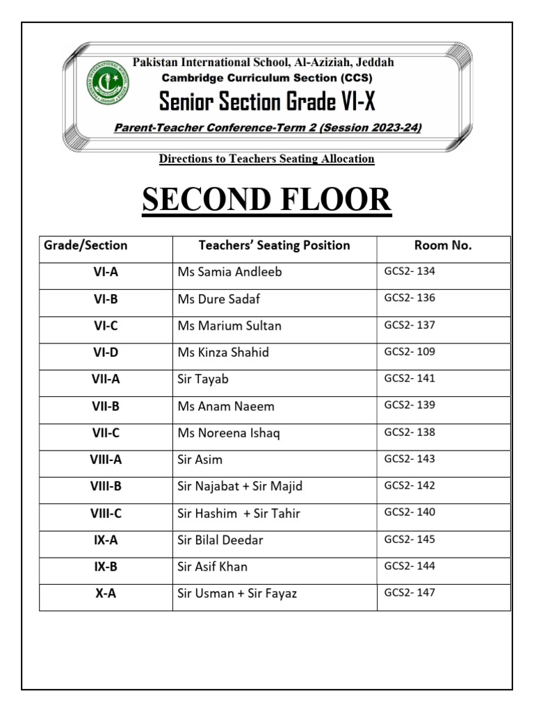 PTM Teachers Seating Plan | PDF