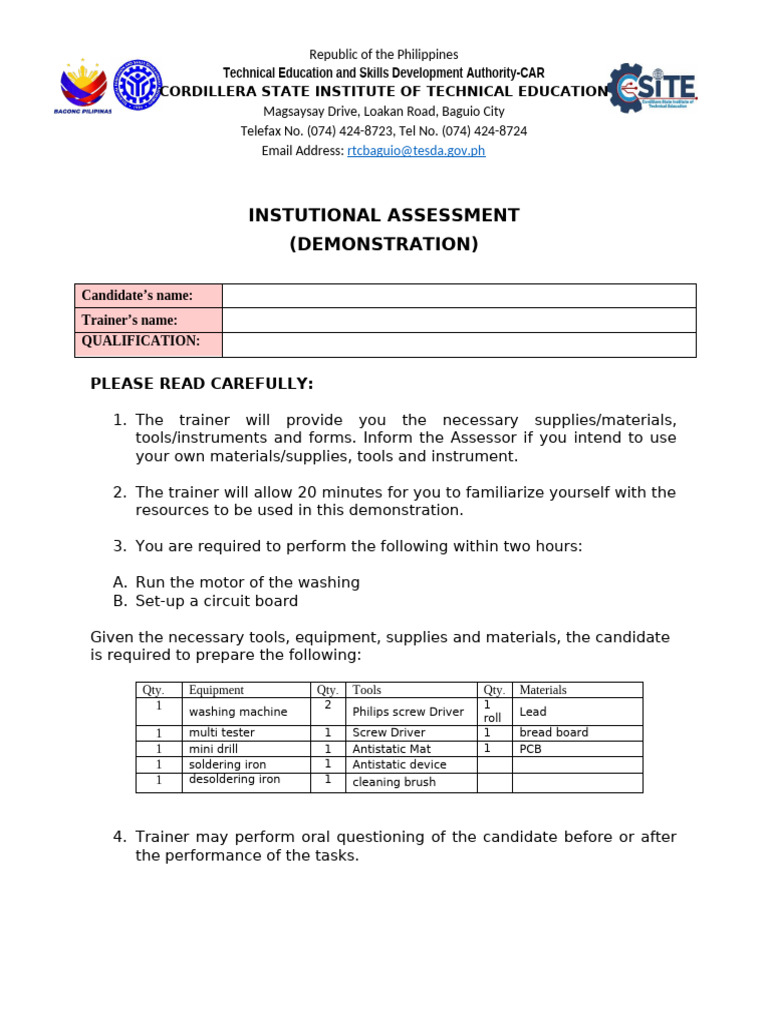 TESDA Institutional Assessment Guide | PDF