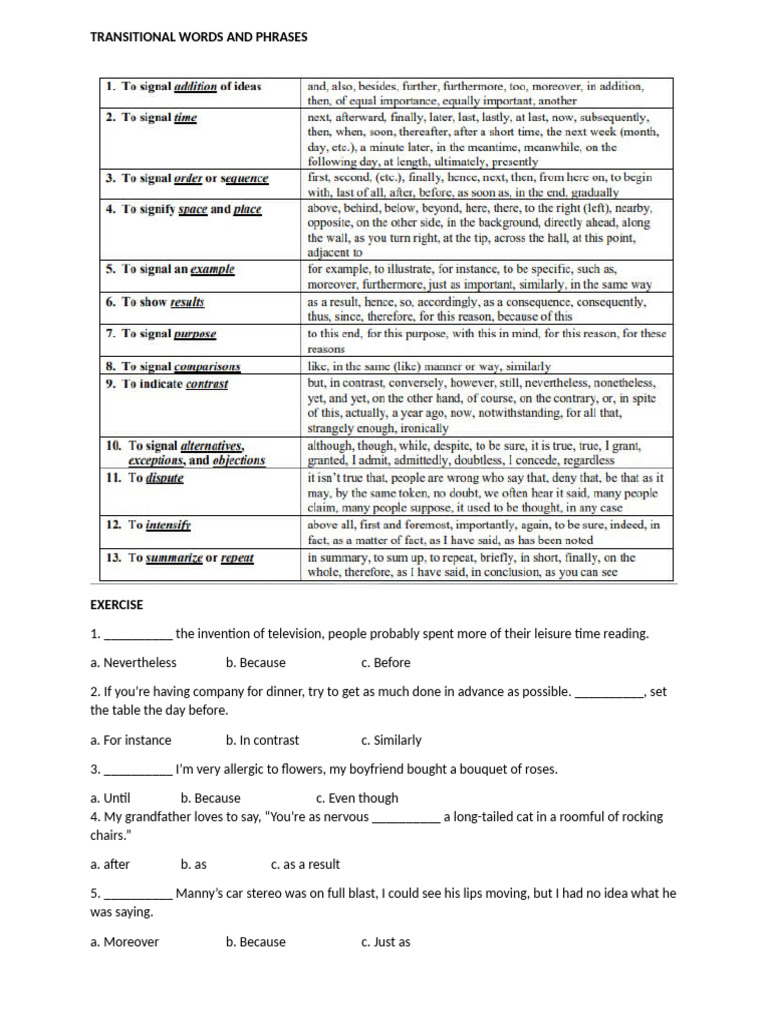 TRANSITIONAL WORDS AND PHRASES | PDF