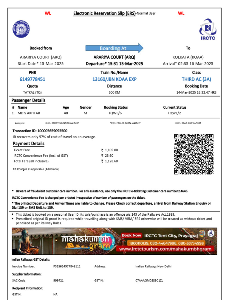 13160/JBN KOAA EXP Third Ac (3A) : WL WL | PDF | Identity Document
