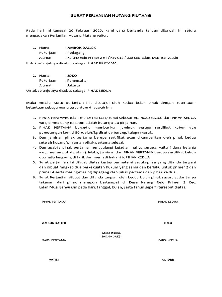 SURAT PERJANJIAN HUTANG PIUTANG - | PDF