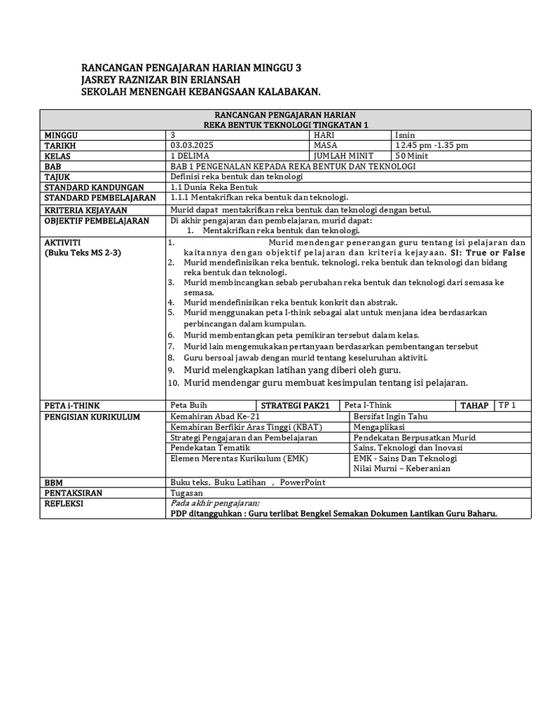 RPH Sains Tingkatan 1 Sesi 2025 | PDF