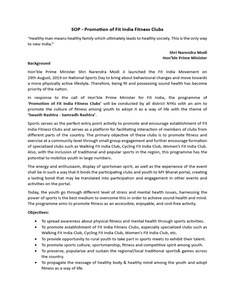 SOP - Promotion of Fit India Clubs | PDF | Sports | Physical Fitness