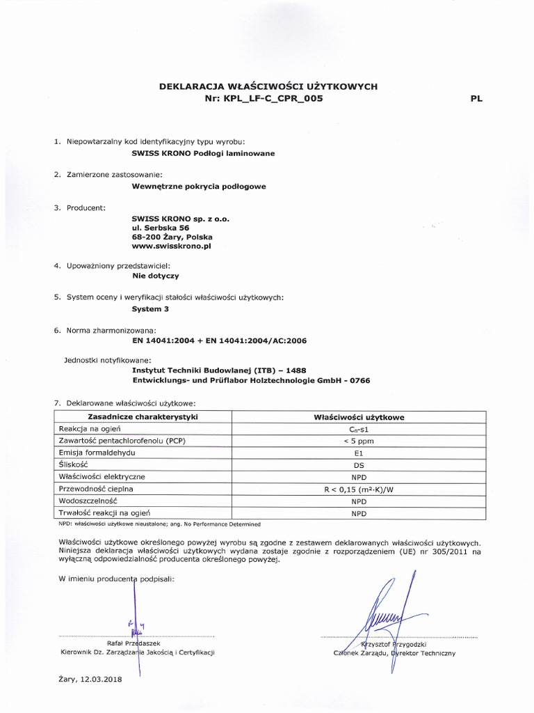 Deklaracja Wlasciwosci Uzytkowych PL - 6mm, 7mm, 8mm, 12mm | PDF