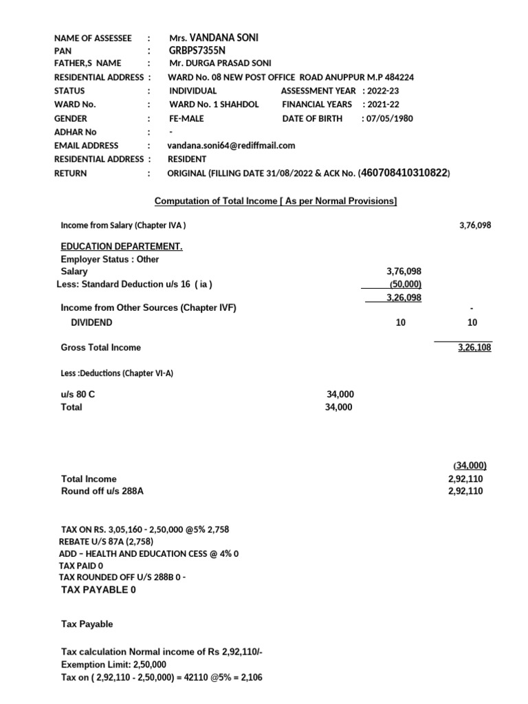 Income Tax Computation for AY 2022-23 | PDF