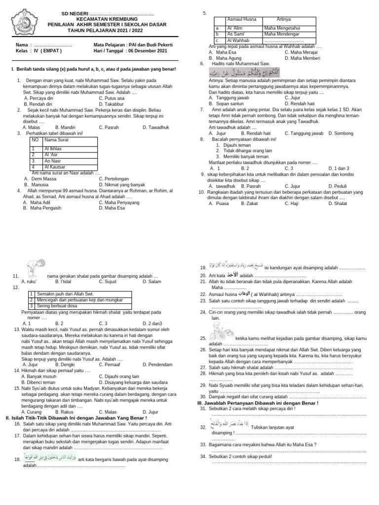 SOAL PAI Kelas 3 PAS1 TA 2021-2022 | PDF
