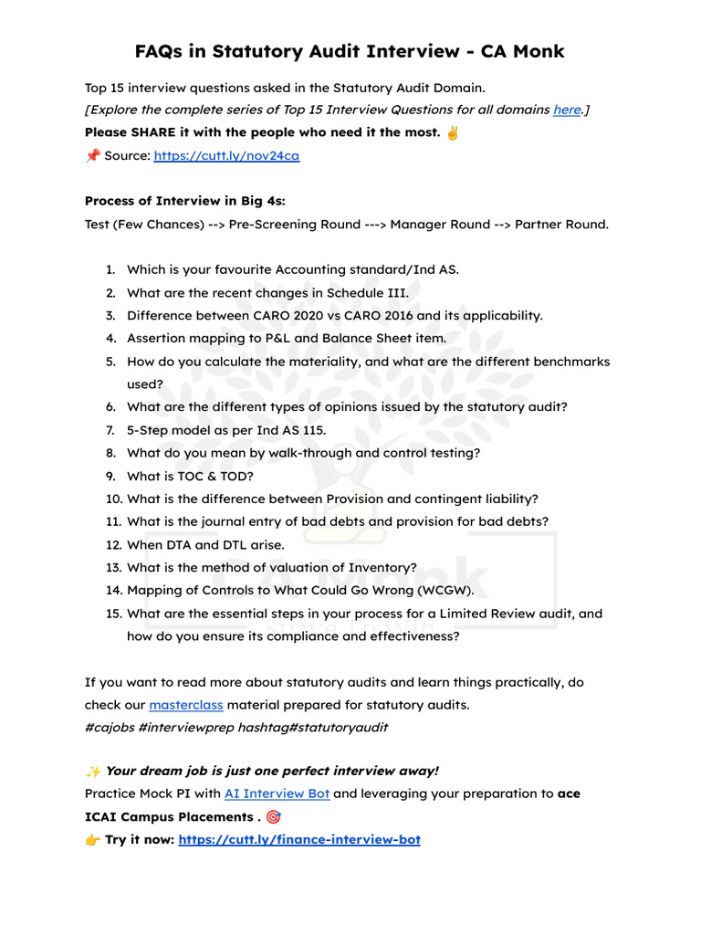 Top 15 Interview Questions - Statutory Audit FAQs - CA Monk | PDF | Audit | Financial Services