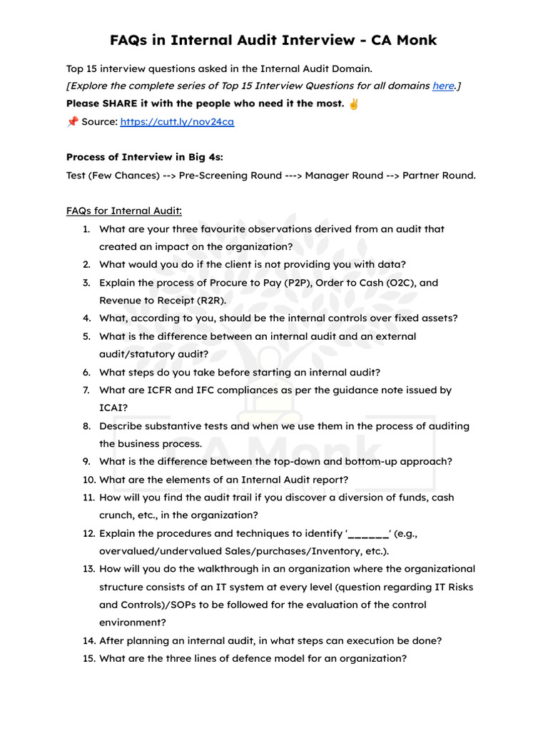Top 15 Interview Questions - Internal Audit FAQs - CA Monk | PDF ...