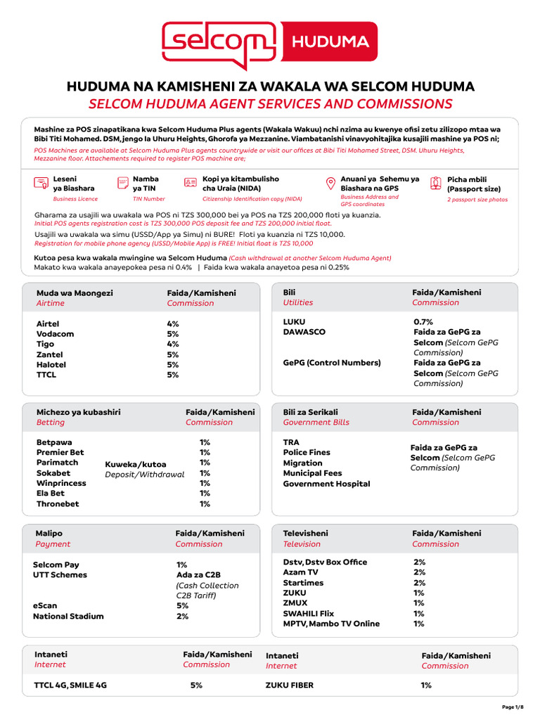 Selcom Huduma Commission Chart - 2020 | PDF | Fee | Banking