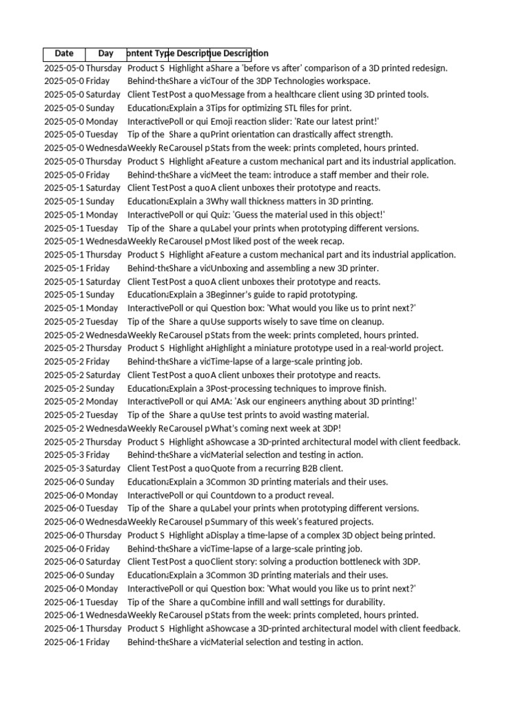 3DP Instagram Unique Content Schedule 2025 | PDF | 3 D Printing | Prototype