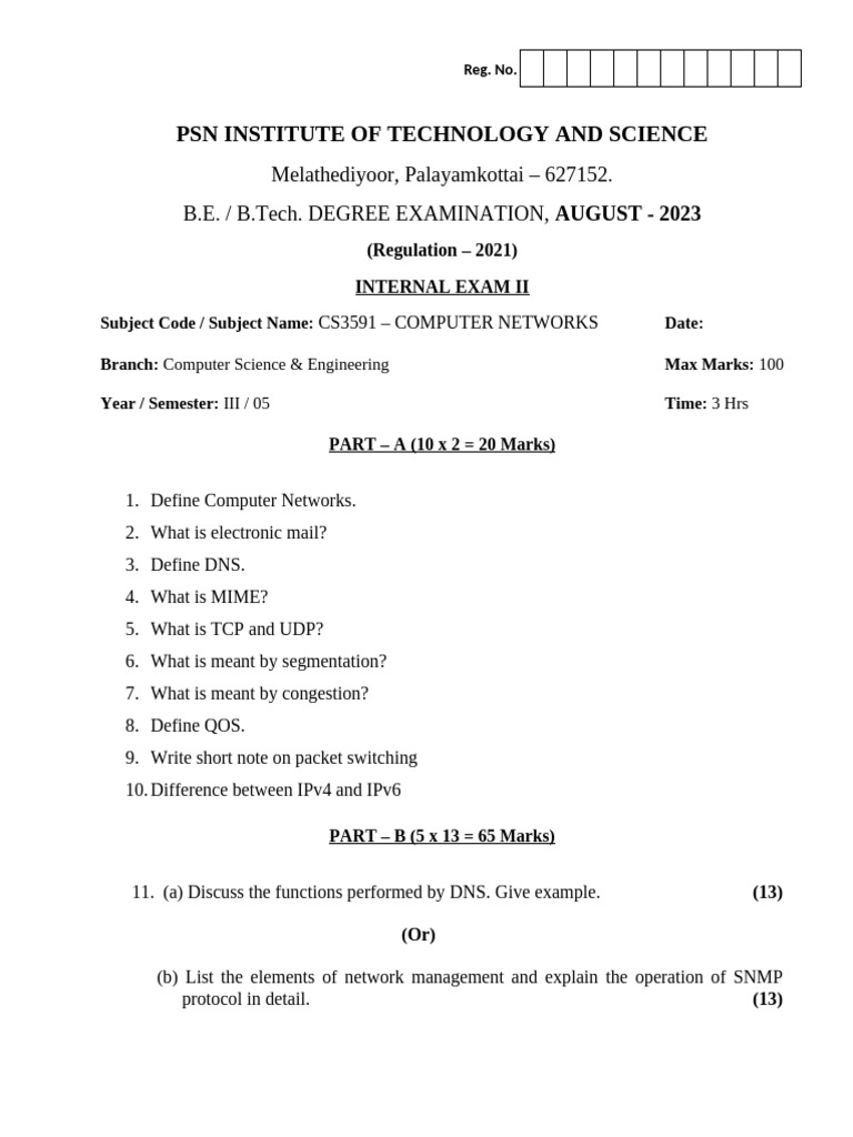 Cs3591 Computer Networks Internal Exam 1 August 2023 Pdf Internet Protocol Suite