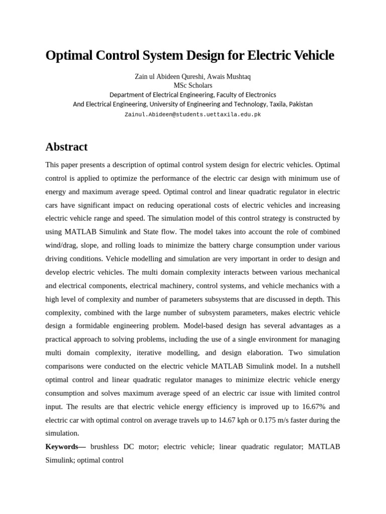 Optimal Control System Design for Electric Vehicle | PDF | Optimal ...