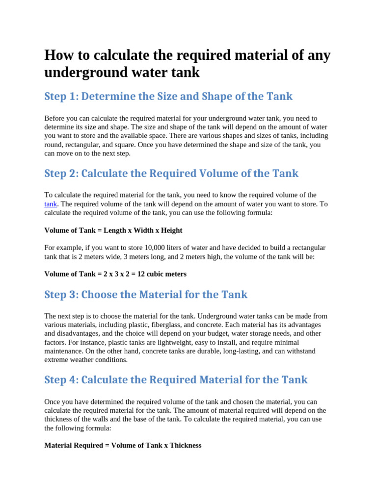 How To Calculate The Required Material of Any Underground Water Tank | PDF