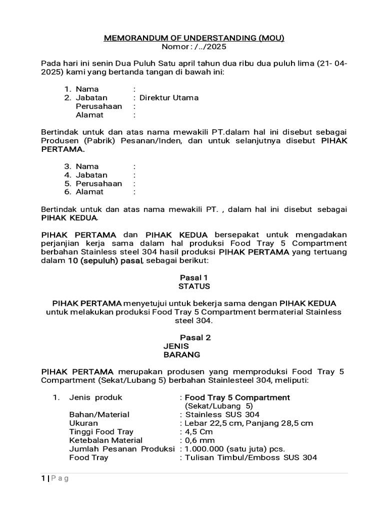 Draf MoU Foodtray | PDF