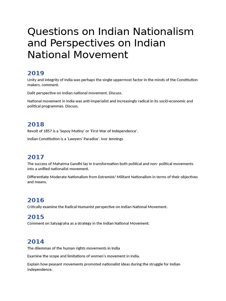 Questions On Indian Nationalism and Perspectives On Indian National | PDF