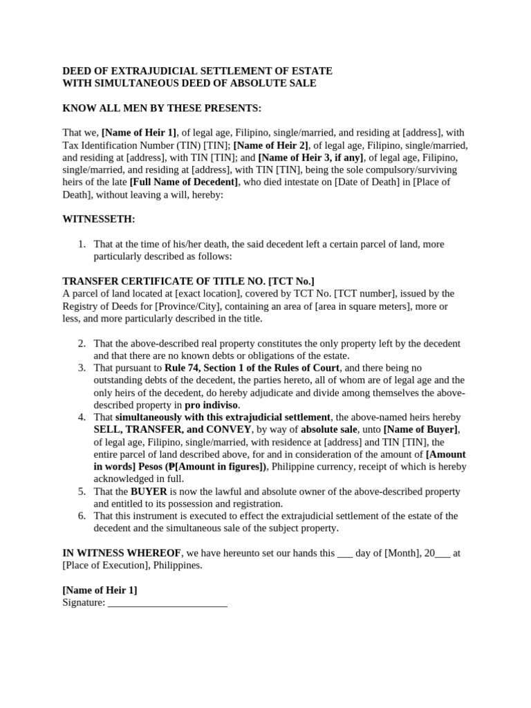 Deed of Extrajudicial Settlement of Estate | PDF | Inheritance | Deed
