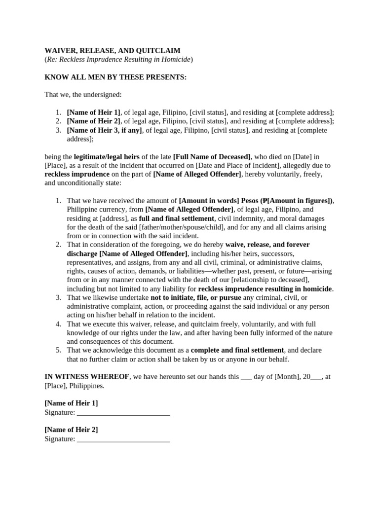 Waiver, Release, Quitclaim Rir Homicide | PDF | Justice | Crime & Violence
